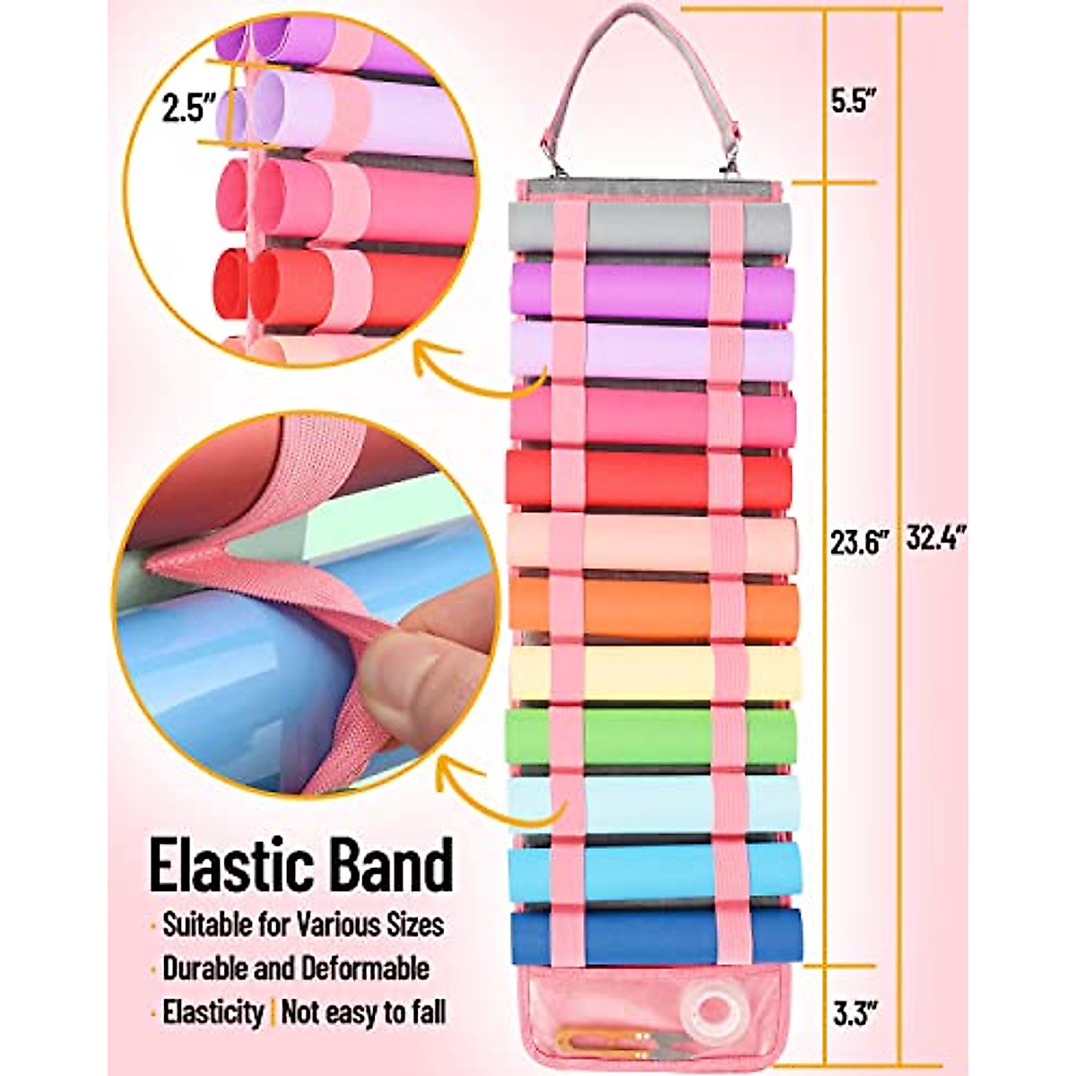 FINESUN Vinyl Roll Holder, Criсut Accessories, Vinyl Storage with Visible Pocket, Vinyl Holder with 24 Elastic Compartments, Vinyl Organizer for Cricut Tools, Gift Wrap Organizer, Pink& Grey (Pink)