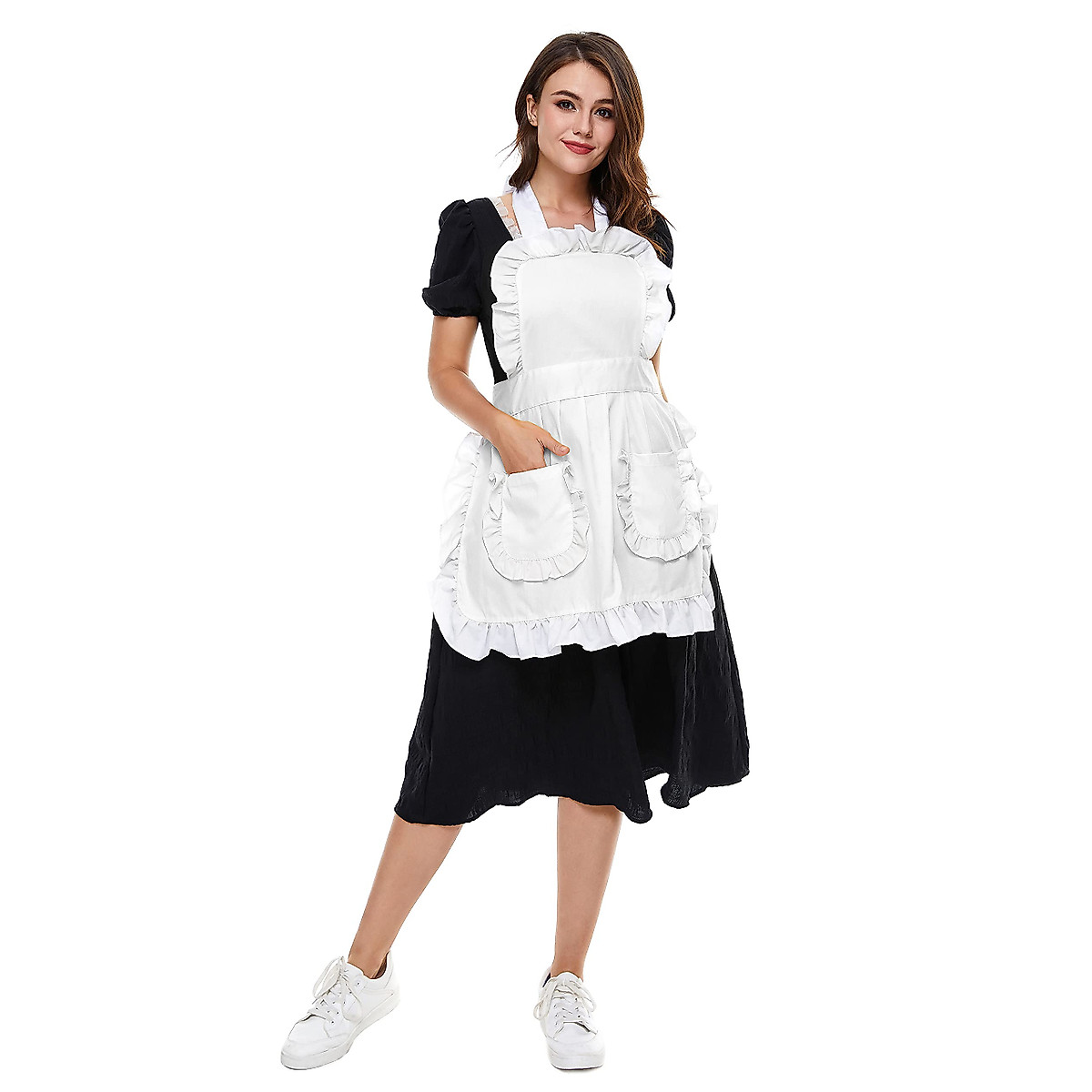 LilMents Women's Ruffles Outline Retro Pockets Apron Kitchen Cooking Cleaning Maid Costume (White)