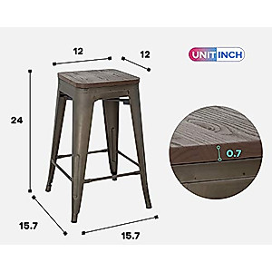 FDW 24 Inches Metal Bar Stools Set of 4 Counter Height Wood Seat Barstool Patio Stool Stackable Backless Stool Indoor Outdoor Metal Kitchen Stools Bar Chairs (Bronze)