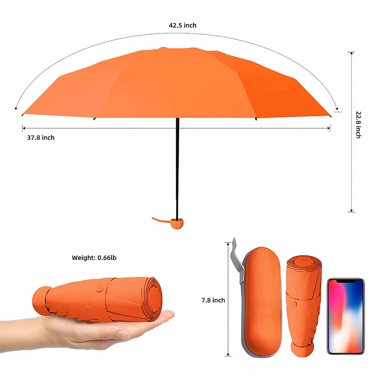 Trenovo Travel Mini Folding Compact Umbrella With Case - 8 Ribs Lightweight Portable for Sun & Rain, Small Pocket for Girls and Women - Orange