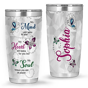 Hyturtle Personalized My Mind Still Talks To You Butterfly 20Oz Stainless Steel Tumbler With Lid, Double Wall And Vacuum Sealed, Memorial Gifts For Loss Of Father Mother Wife Husband