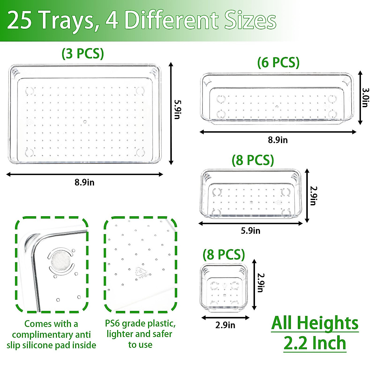 Yieach 25 Pc Clear Plastic Drawer Organizer Set,4 Sizes In Drawer Organizer Trays for Bathroom,Office,Kitchen Cabinet and Vanity Organizers,Desk Drawer Organizer Bins for Jewelry,Cosmetic,Utensil,Junk
