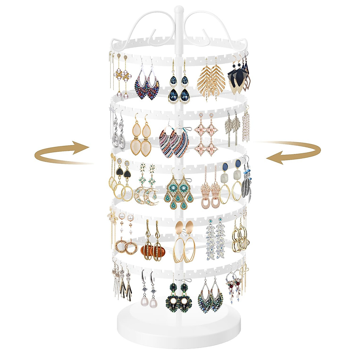 LASZOLA 5 Tiers Metal Earring Holder Organizer, Stable Rotating Jewelry Display Stand for Women Girls, 400 Holes and Grooves Earring Spin Table Rack Tower Tree for Necklace Bracelet Ring - White