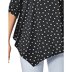 Star Vixen Women's Plus-Size Hanky Hem Top, Elbow Sleeve with Cinch Detail, Black/White dot, 3X
