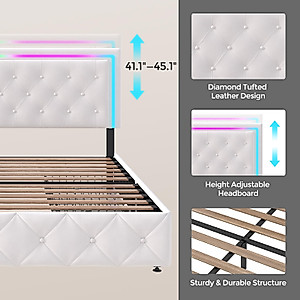 Queen Bed Frame with Adjustable LED Headboard White, Upholstered Metal Platform Bed Frame with 4 Under Bed Storage Drawers on Wheels and Charging Station, No Box Spring Needed, Easy Assembly