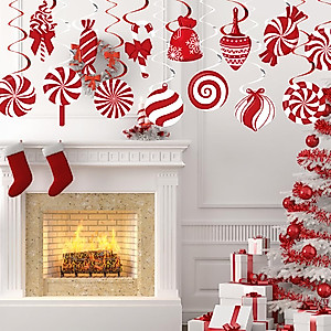 DIYDEC 60pcs Christmas Candy Hanging Swirl Decoration Xmas Candy Ceiling Hanging Streamers Christmas Red White Peppermint Candy Cutouts Ornaments for Christmas Holiday Party Classroom Home Decor