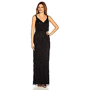 Adrianna Papell Women's Beaded Surplice Gown, Black, 8