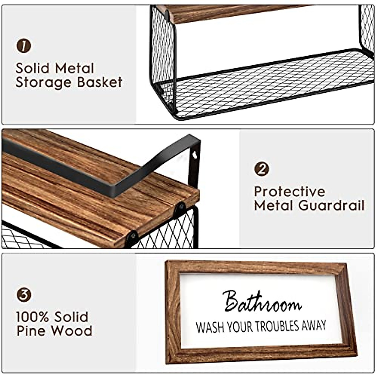 Floating Shelves, Bathroom Shelves Over Toilet with Wall Décor Sign, Wood Wall Shelves with Protective Metal Guardrail & Paper Storage Basket for Bathroom, Bedroom, Living Room, Kitchen (Black Walnut)