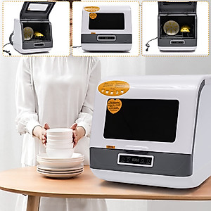 Qiucenmium Portable Dishwasher Countertop, Countertop Dishwasher 360° Dual Spray, 3 Washing Programs, 75°C Hot Air Drying, Mini Dishwasher Small Apartments, Dorms