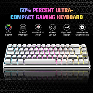 LexonElec 60% Mechanical Gaming Keyboard, RGB Chroma Backlit Ultra Compact Mini Mechanical Keyboard, Red Switches 68-Key Full Key Anti-Ghosting, for PC, MAC, PS4 Gamers and Office Typists (White)