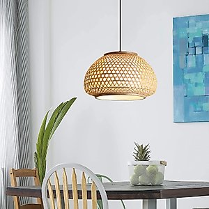 KWOKING Lighting Handmade Flush Mount Ceiling Light Retro Bamboo Dome Shade Pendant Light 1 Light Woven Hanging Lamp for Dining Table,Restaurant - 23.5"