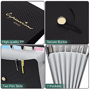 Sooez 7 Pocket Expanding File Folder, Premium Accordion File Organizer, Letter Size Folders for Documents, Sleek Filing Folders with Bungee Closure, Portable Folders for School Office Supplies, Black