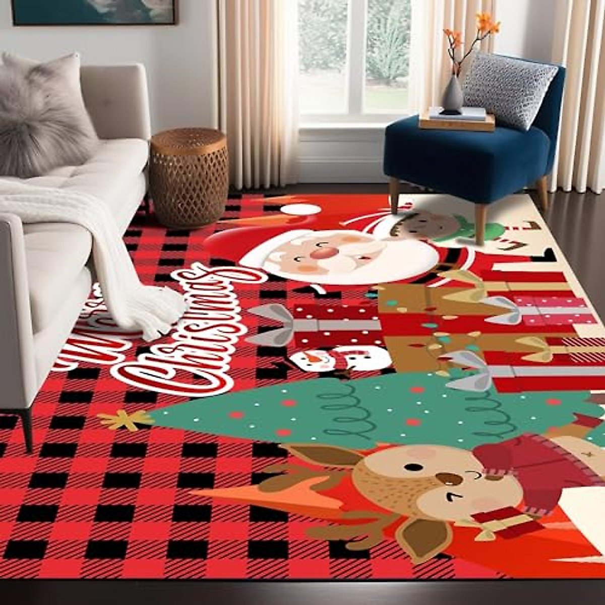 FUYEUN Plaid Christmas Area Rug, Snowflake Rug, Xmas New Year Gift Door Mat for Bedroom Living Room Kitchen, Merry Christmas Indoor Floor Mats for Holiday Festive Decoration,63" X 31"