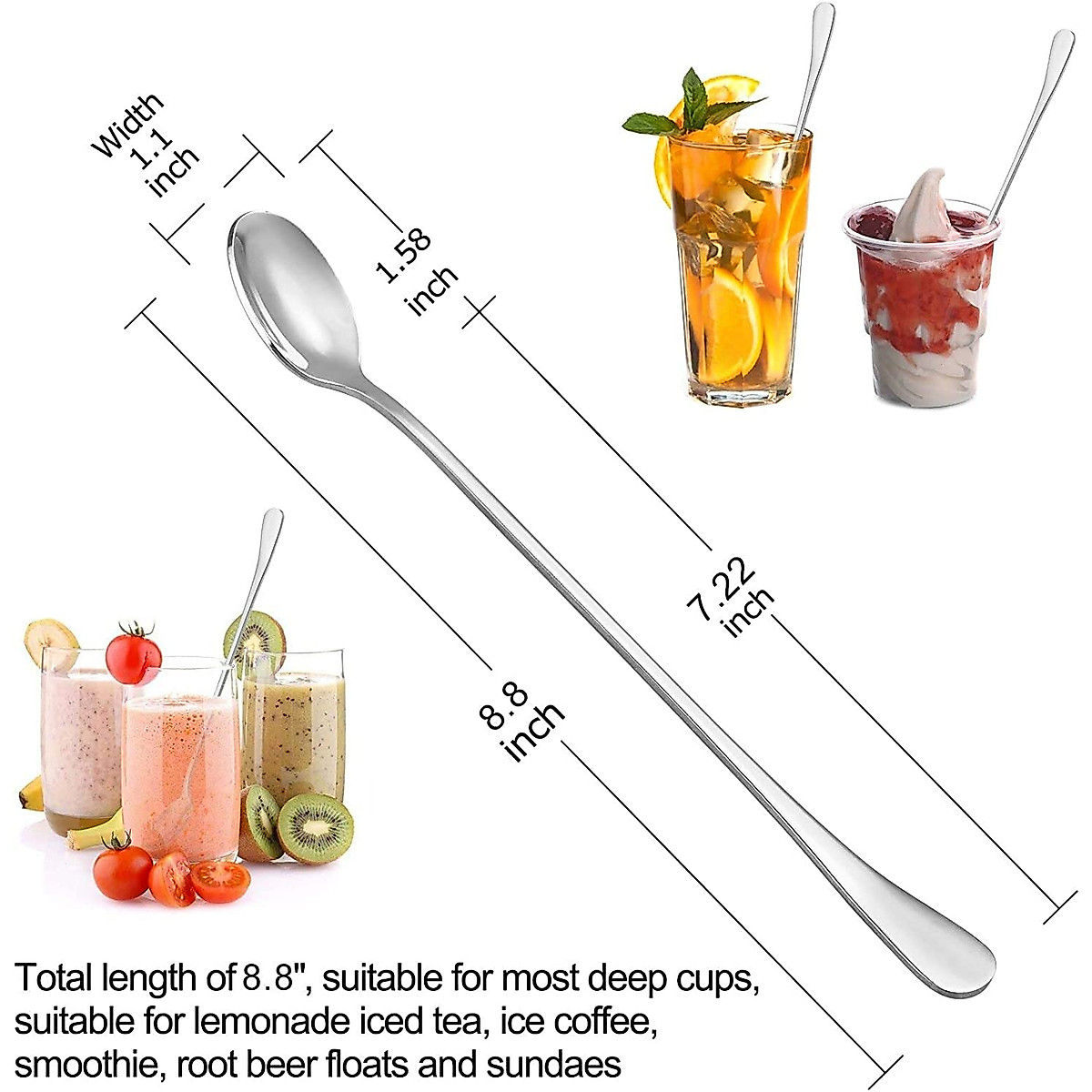 8 Pack Cocktail Spoon Long Handle 9-Inch Ice Tea Spoons Stainless Steel Coffee Ice Cream Stirring Spoon Mixing Spoons