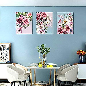 Flower Canvas Wall Art for Bedroom Woman Wall Decor Pink White Flowers Picture 3 Piece Framed Artwork Modern Plant Floral Canvas Prints for Kitchen Home Bathroom Girls Room Wall Decoration 12"x16"