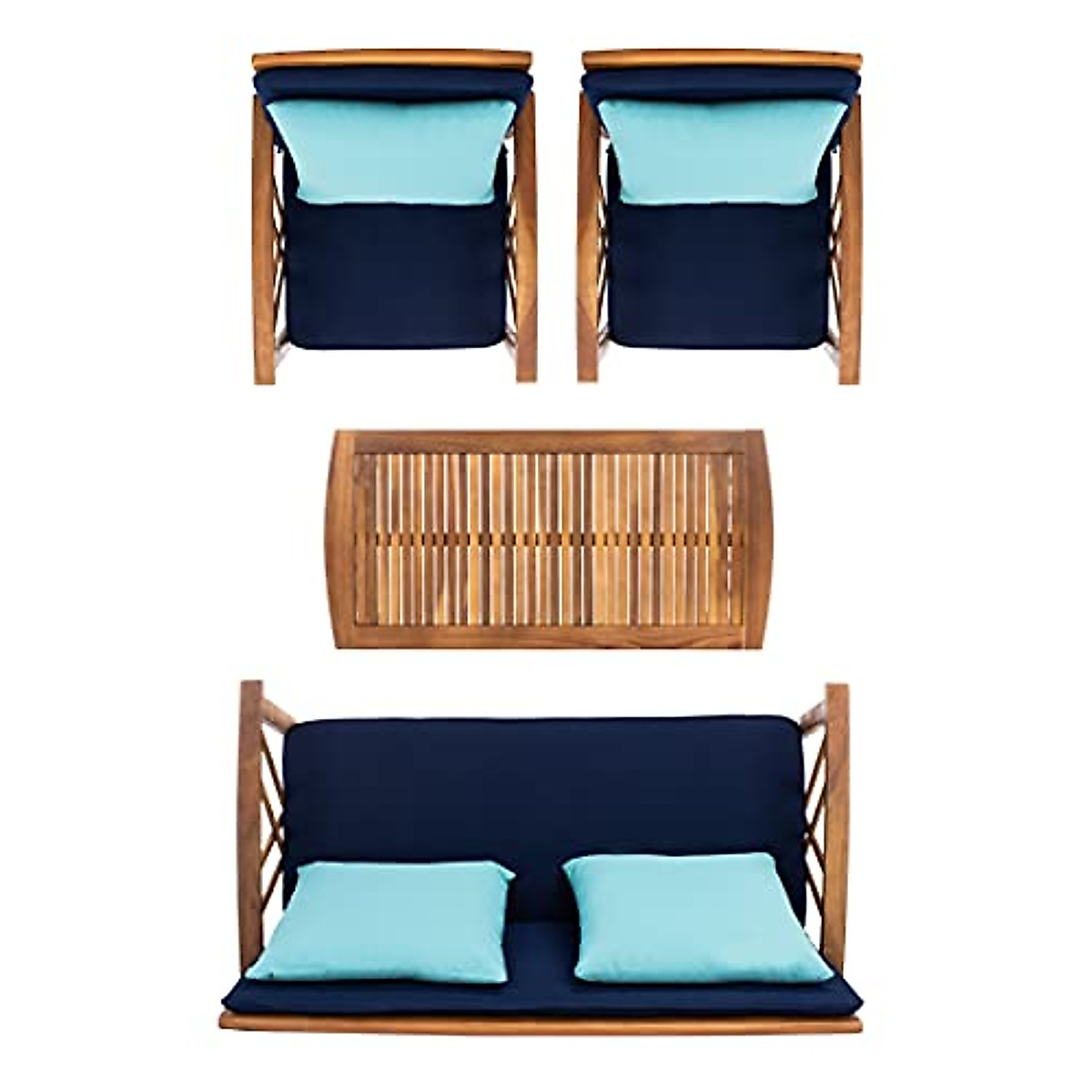 SAFAVIEH Outdoor Collection Fontana Natural/ Navy Cushions/ Blue Pillows 4-Piece Conversation Patio Set
