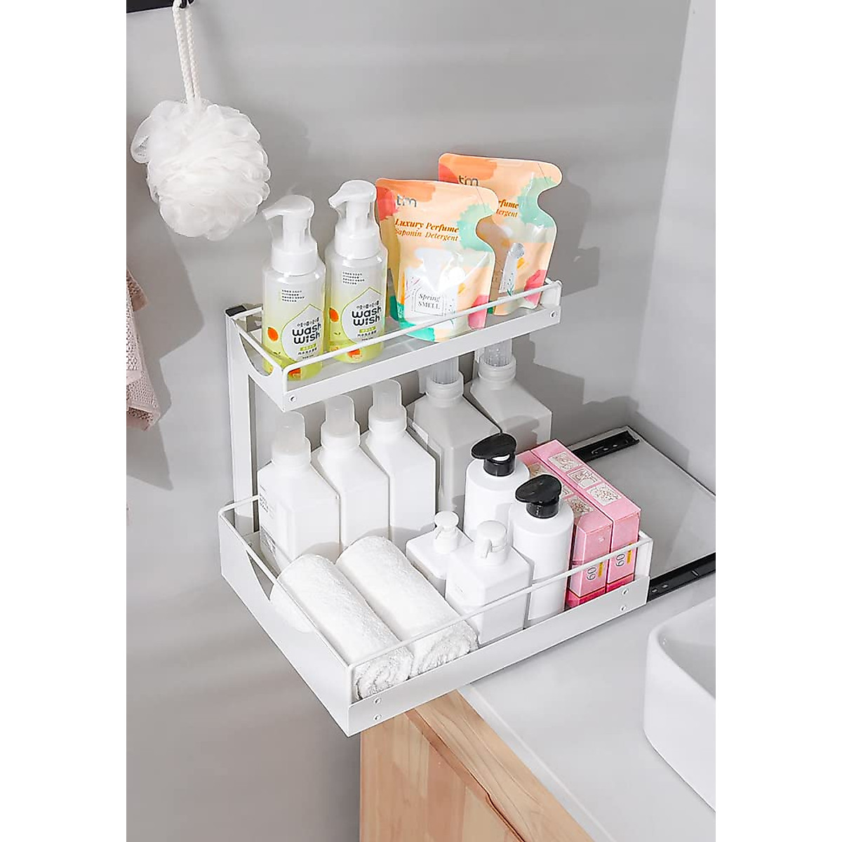 KINGPOUL Under Sink Organizers-2-Tier L-Shape Heavy Duty Metal Smooth Slide Out Pull Out Drawers for Under Cabinet Storage Around Plumbing, Under Kitchen Bathroom Sink Organizers and Storage（White