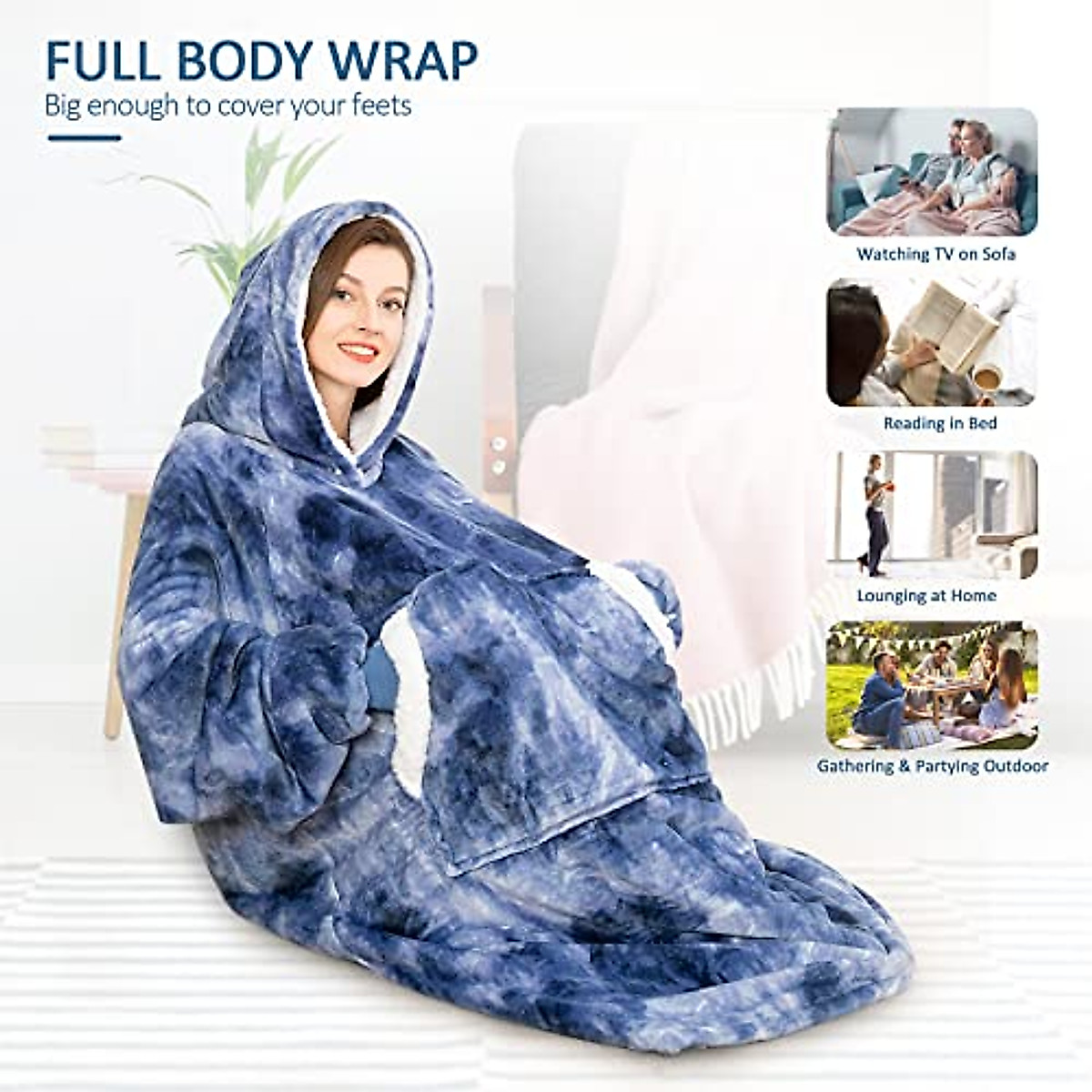 Drewin Wearable Blanket Sweatshirt for Women Men, Oversize Sherpa Fleece Blanket Hoodie with Huge Pocket & Elastic Sleeves, Fuzzy Warm Flannel Hooded Blanket for Adult Winter Gift, Blue&White