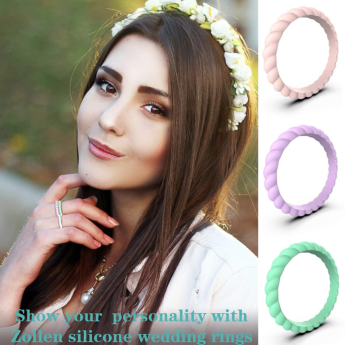 Zollen 12 Packs Silicone Wedding Rings for Women, Thin Braided Rubber Wedding Bands Stackable Ring, Hypoallergenic Silicone, Size 6