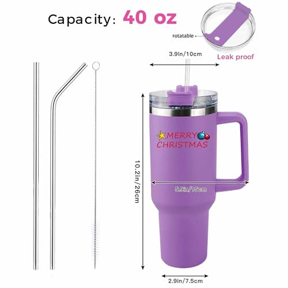 LB LEOBON 40 ounce insulated cup with handle, double-layer vacuum stainless steel material, equipped with straw, can keep warm or maintain cold drinks Merry Christmas Stars Balls Deep purple
