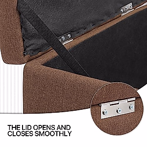 MoNiBloom 24 Inch Modern Storage Ottoman Bench, 40L Inner Space Brown Linen Foot Stool for Bedroom, Upholstered Padded Rectangular Fabric Tufted Bench Footrest with Wood Legs with 660 Lbs Capacity