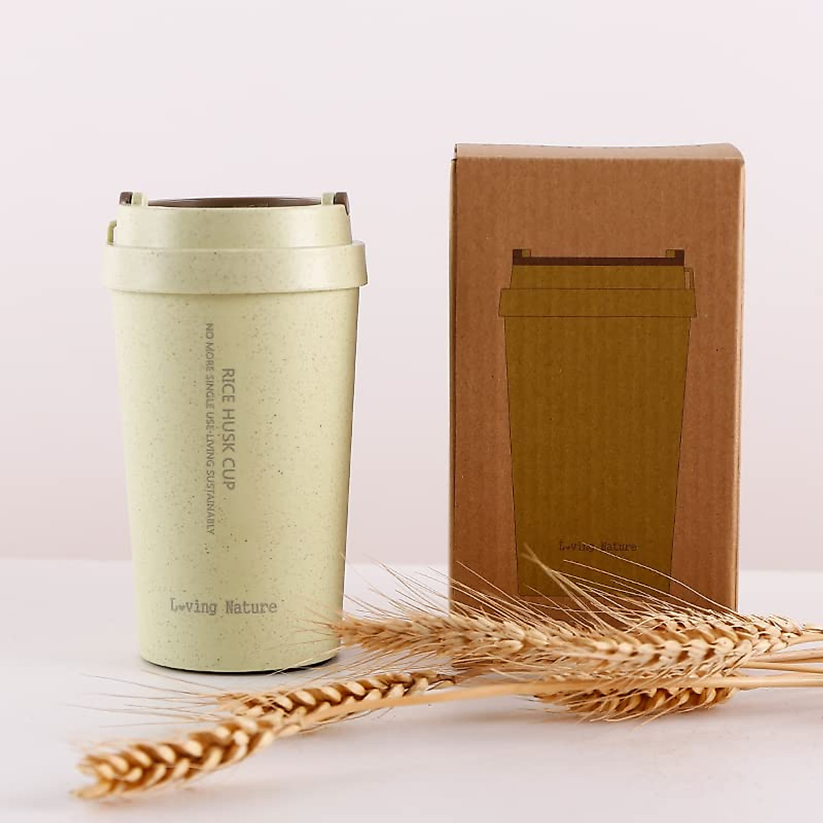 Loving Nature Rice Husk Cup, 14oz, BPA-Free, Double Wall Insulation, Reusable for Coffee Drinks, On-The-Go Travel Mug, Screw Tight Lid, Textured Grip, Lightweight, Water Bottle, Gifts (Green)