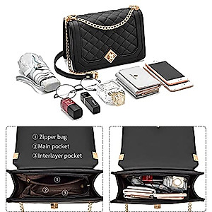 Travistar Crossbody Bags for Women Small Handbags PU Leather Shoulder Bag Ladies Quilted Purse Evening Bag Fashion Clutch Satchels Sling Bag with Gold Chain Strap, Black