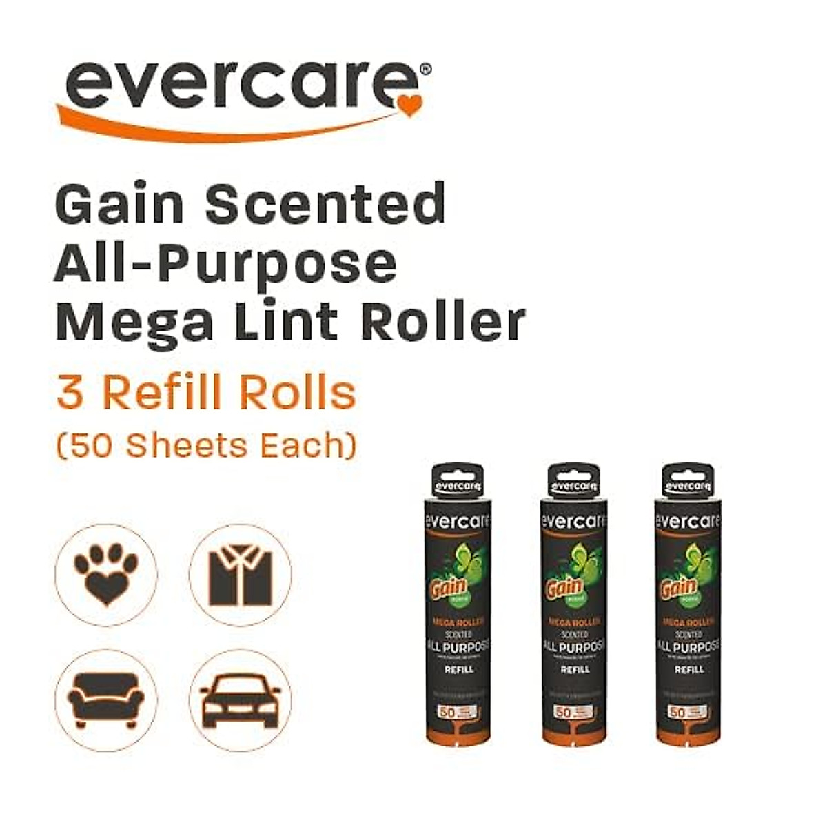 Evercare 10” Mega All-Purpose Pet Hair Lint Roller Refills, 3 Pack, 50 Sheets Each, Gain Scented – Sticky Roller for Pet Hair, Cat & Dog Hair Remover, Lint Remover for Furniture, Clothing & Cars