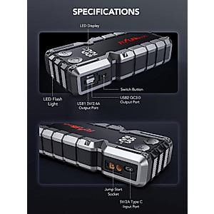 FLYLINKTECH 5000A Car Battery Jump Starter(Up to 9.0L Gas or 8.0L), Portable Car Jump Starter Battery Pack, 12V Jump Box with Safety Jumper Cables, Fast Charge 3.0, Lights, LCD Display