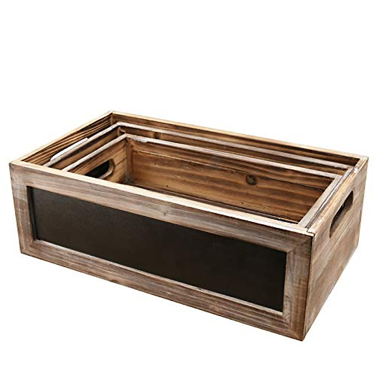 MODE HOME Set of 3 Large Torched Wood Decorative Storage Crates with Chalkboard, Nesting Wooden Crates for Display Rustic, Farmhouse Wooden Storage Container Boxes Made from 100% Wood