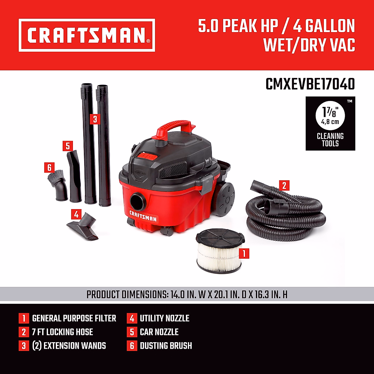 CRAFTSMAN CMXEVBE17040 4 Gallon 5.0 Peak HP Wet Dry Vac, Portable Shop Vacuum Wet and Dry with Filter, Hose and Attachments for Home and Automotive Cleaning