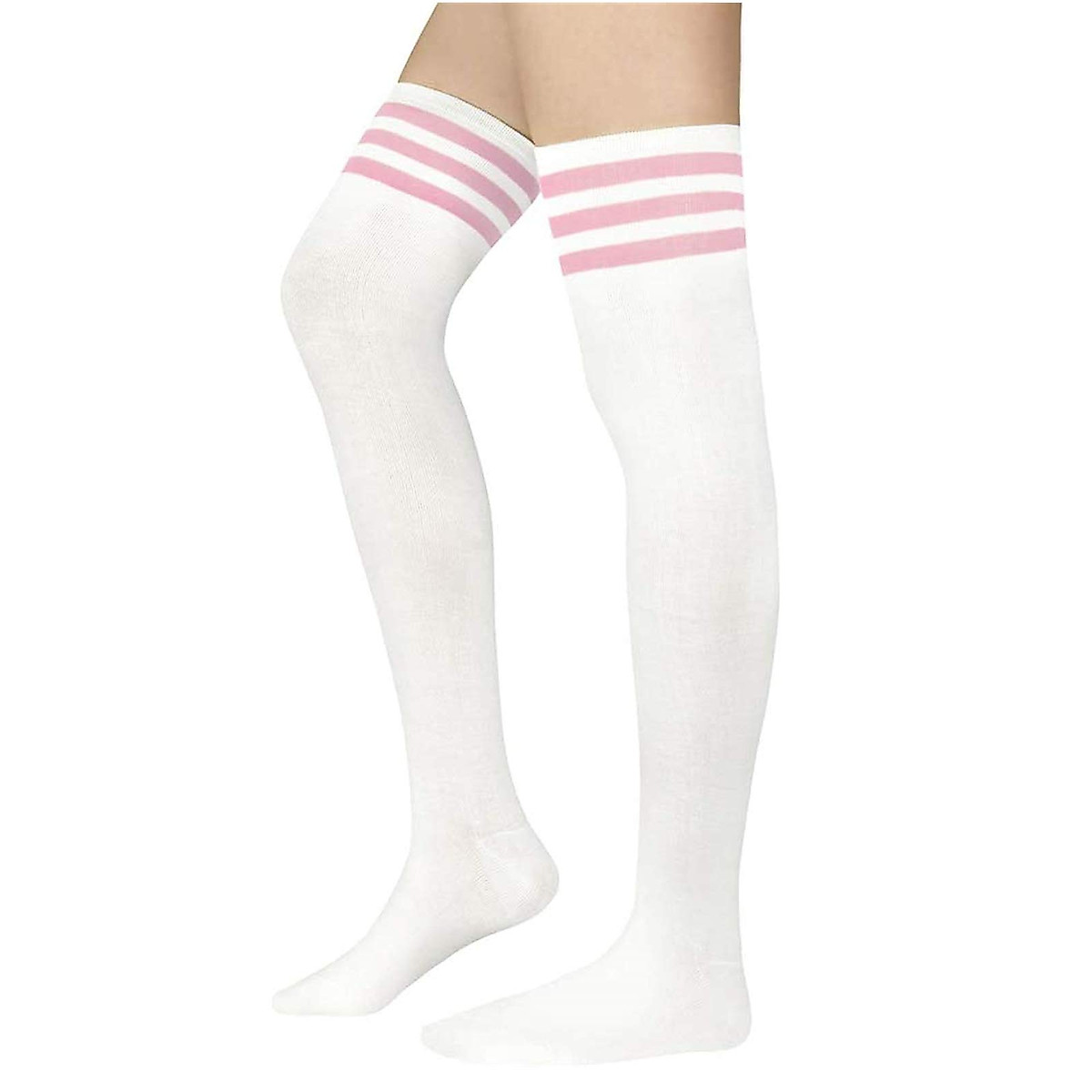 Century Star Women's Casual Athlete Striped Over Knee Thin Thigh High Tights Long Stocking Socks B 1 Pair White Pink One Size