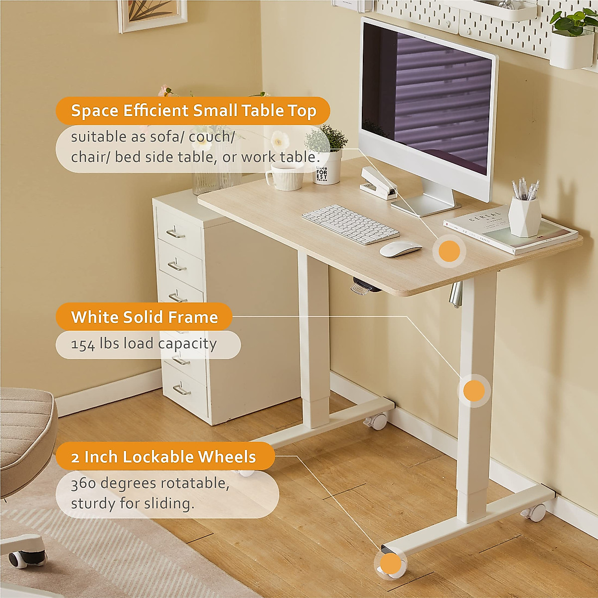 Okin Small Rolling Standing Desk, 36" x 24" One Piece Top Height Adjustable Desk, Electric Stand Up Desk with 4 Caster Wheels, Mobile Sit to Stand Workstation, Light Oak Table Top, White Frame