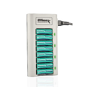 Ultimaxx Charger with Batteries – 8 Port Battery Charger with 4 AA Batteries 3150mAh and 4 AAA Batteries 1100mAh Memory Free- Rechargeable, Ni-MH, Durable & Long-Lasting Batteries