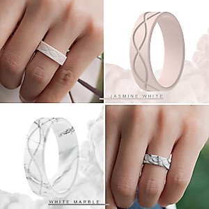 ThunderFit Silicone Wedding Bands for Women, Infinity Design 6mm Wide 1.8mm Thick - 1/4/7 Variety Multipack (Black, Marble, Rose Gold, Pink Mesh - Size 5.5-6 (16.5mm))