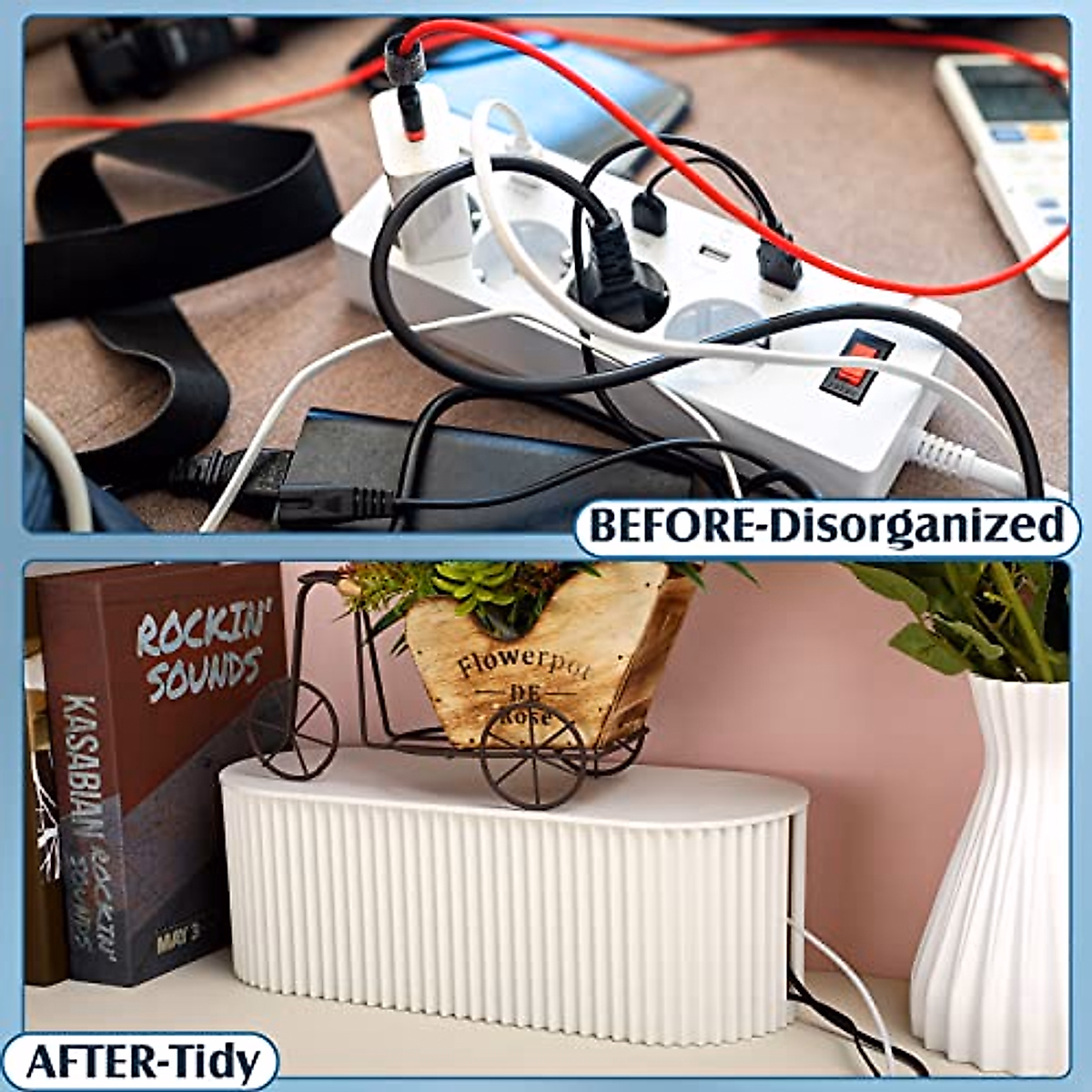 2 Pcs Cable Management Box Cord Organizer Box Cord Box Hider with 46 Pcs Cable Management Kit, Wire Box for Power Strips, Surge Protectors, Desk, TV Computer Wires, Home Office (White)