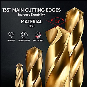 amoolo Hex Shank Drill Bit Set (13Pcs Set+3 Pcs Free), Premium 4341 HSS Titanium Impact Hex Drill Bits for Wood, Steel, Metal, Plastic, Quick Change Design (1/16-1/4)