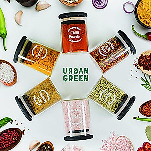 Urban Green Glass Jars with Black Lids, Glass Food Storage Canisters with airtight lids, Glass Spice Containers with Bamboo Lids, Glass Spice Jars, Glass Herb Jars, Spice Jars (12 Sets of 6oz)