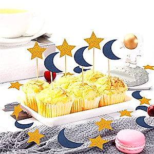 Navy-Blue Moon Gold Star Confetti - 300pcs Glitter Twinkle Little Star Table Confetti Eid Ramadan Mubarak Decoration Birthday Wedding Baby Shower Party Decor Lasting Surprise