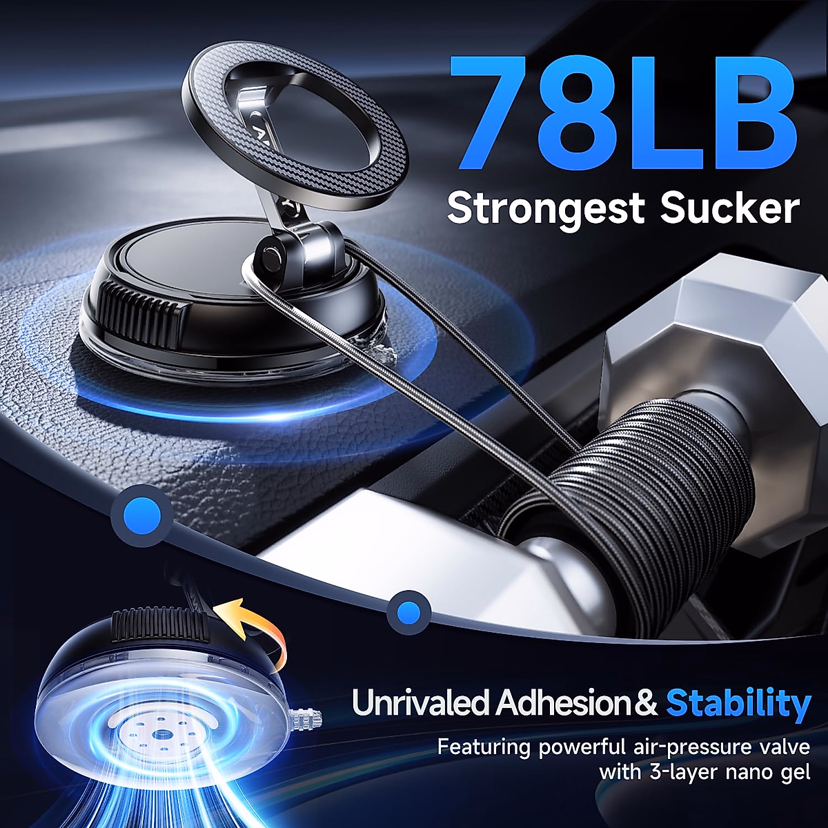 Car Phone Holder for Magsafe [78+LBS Strongest Suction & 2400gf Strongest Magnetic] 360° Adjustable Car Phone Mount, Cell Phone Holders for Your Car for All Smartphones & All Car Models (Carbon Fiber)