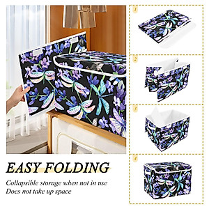 ALAZA Collapsible Large Storage Bin with Lid, Lavender Dragonfly Foldable Storage Cube Box Organizer Basket with Handles, Clothes Blanket Box for Shelves, Closet, Nursery, Playroom