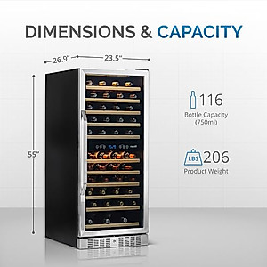 Newair 24" Wine Cooler Refrigerator, Large 116 Bottle Built-in or Freestanding Dual Zone Wine Cellar in Stainless Steel with Precision Thermostat, Full Extension Beechwood Shelves