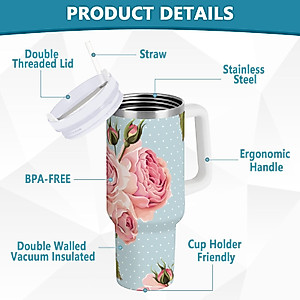 Adornlife Flower Rose 40 oz Tumbler with Handle and Straw Lid, 100% Leak-proof Travel Coffee Mug, Stainless Steel Insulated Cup For Beverages, Cupholder Friendly