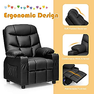 Costzon Kids Recliner Chair with Cup Holder, Adjustable Leather Lounge Chair w/Footrest & Side Pockets for Children Boys Girls Room, Ergonomic Toddler Furniture Sofa, Kids Recliner (Black)