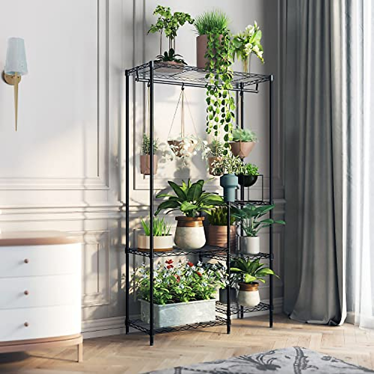 Xiofio Plant Stands for Indoor Plantsd Outdoor Plant Shelf, 6 Tier 16 Pots Flower Pots Holder Storage Shelf Flower Stands With hanger rod for Living Room Balcony and Garden,Black