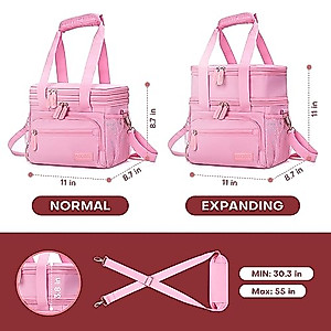 RONROX Large Lunch Box for Women and Men, Double Deck Insulated Lunch Bag with 900D Oxford, Expandable Leakproof Reusable Lunch Cooler Bag for Work, Office, Picnic, 17L, Pink