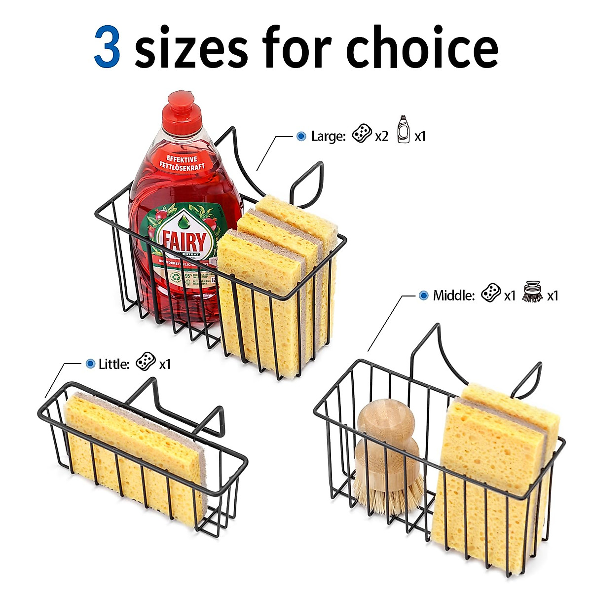 Damita Kitchen Sponge Holder Sink Basket Sink Caddy Brush Dishwashing Liquid Drainer Rack Black, Small (7"x 2.7"x 3.5")