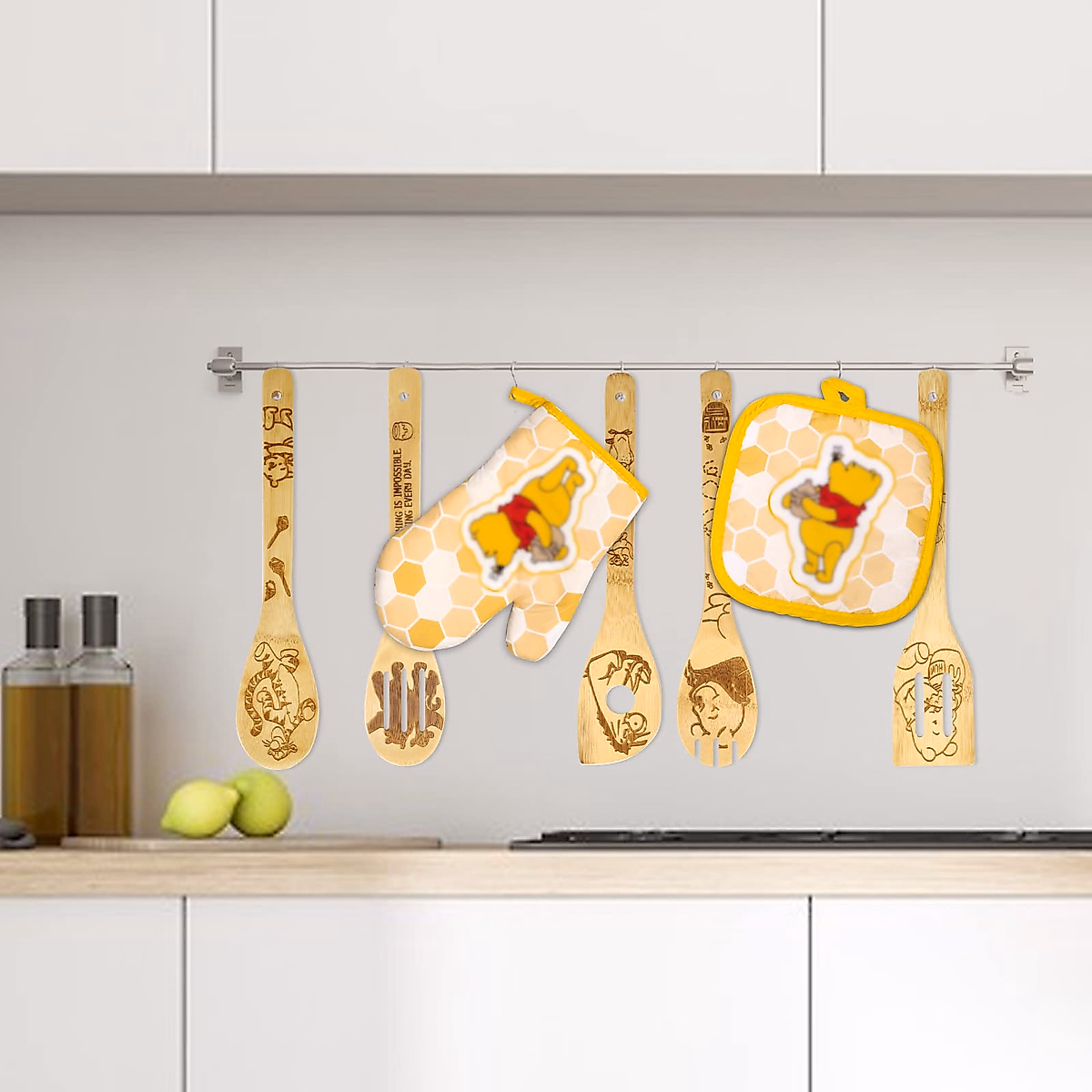 Mothers Day Gifts for Mom Christmas Gift Women Birthday Gift Cute Bear Wooden Cooking Spoons Set Bamboo Kitchen Cooking Utensils Set with Apron Oven Mitt Potholder Set