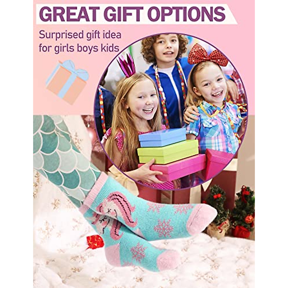 Anlisim Kids Wool Hiking Socks Toddlers Boys Girls Warm Winter Thermal Thick Heavy Crew Boot Cozy Child Gift Cabin Socks Stocking Stuffers 6 Pack(Unicorn C,8-12 Y)