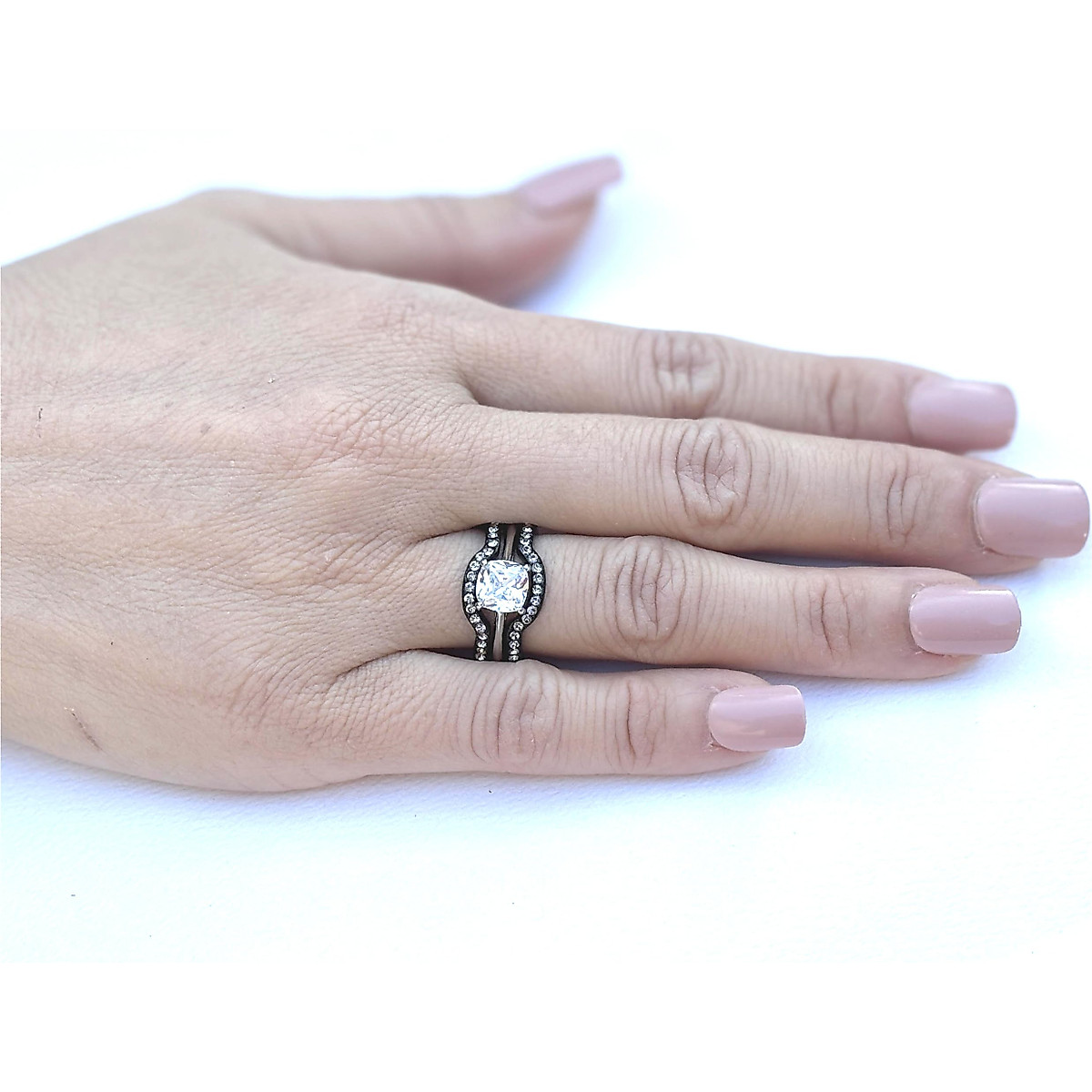 His Hers Couples Ring Set Womens Black Stainless Steel Promise Ring Mens 7 CZ Wedding Band - Size W7M11